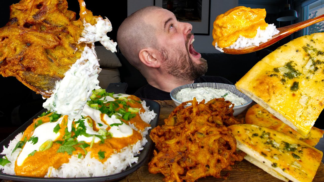 Chicken Tikka Masala, Onion Bhaji, Garlic Butter Naan Bread ASMR ...