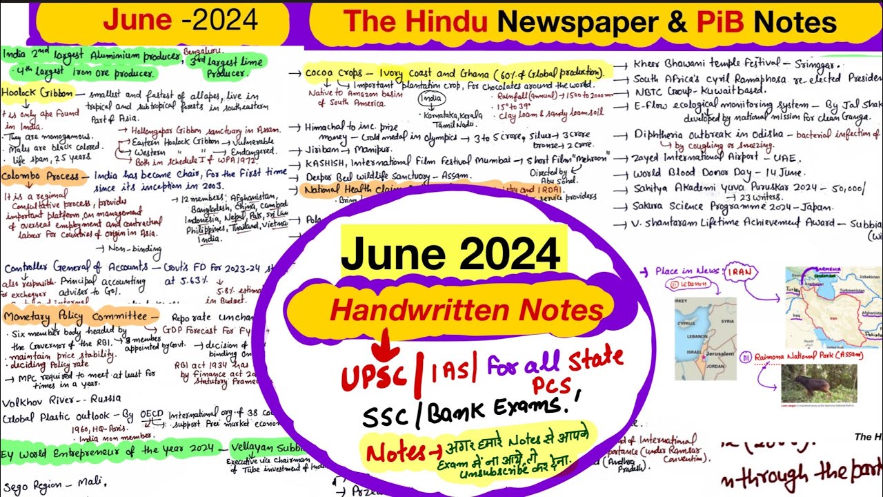 June 2024 | The Hindu Notes | June Pib Notes | Handwritten Notes For ...