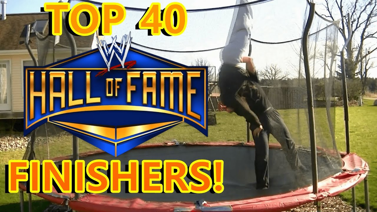 Top 40 WWE HALL-OF-FAMER Finishers on Trampoline - YouTube