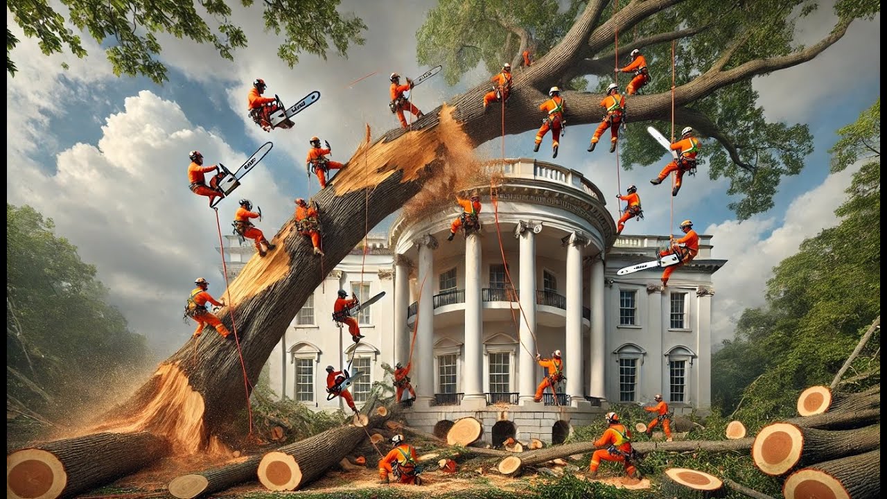 Many super chainsaws are competing to saw tree branches high up ...
