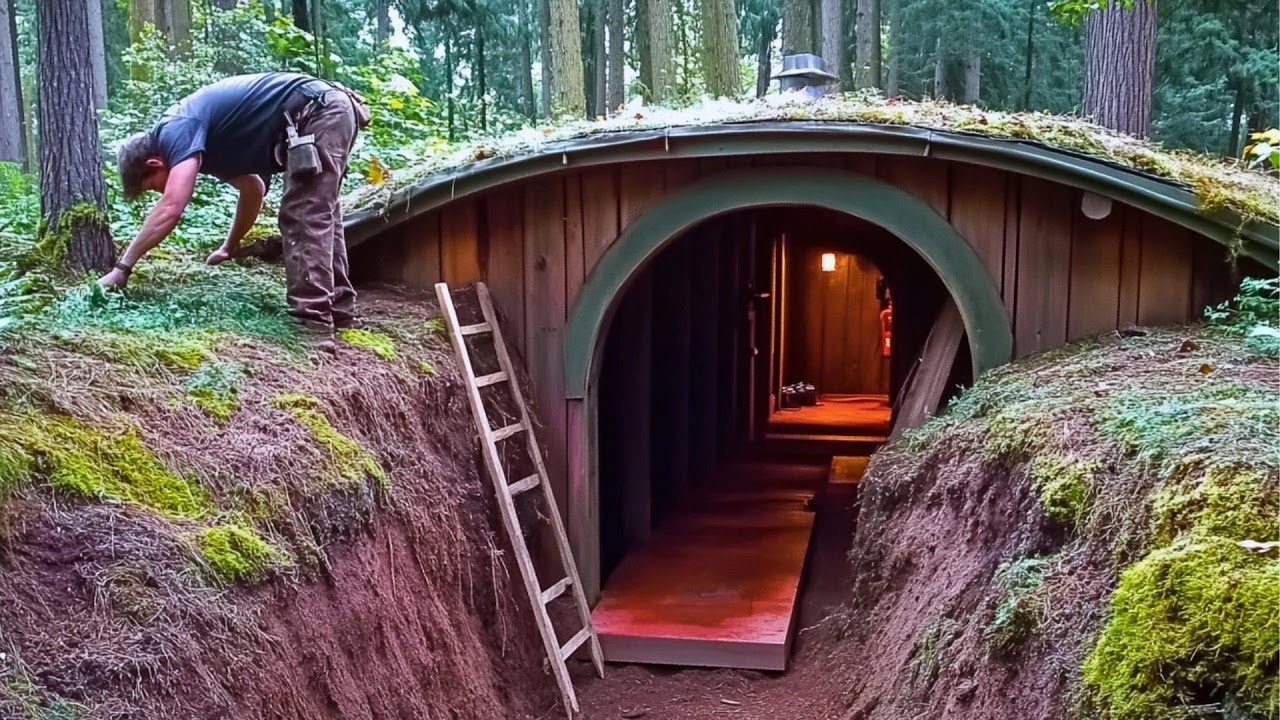 Man builds underground hut with stones and logs from start to finish ...