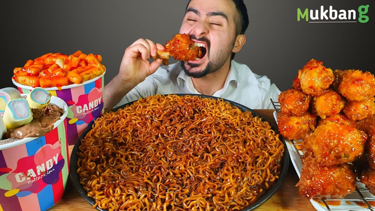 ASMR MUKBANG | Fried Chicken, Black bean Noodles, Candy Chocolate ...