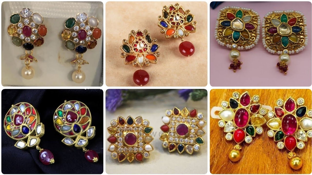 gold embrold stud navaratna designs earrings collection//big size daily ...