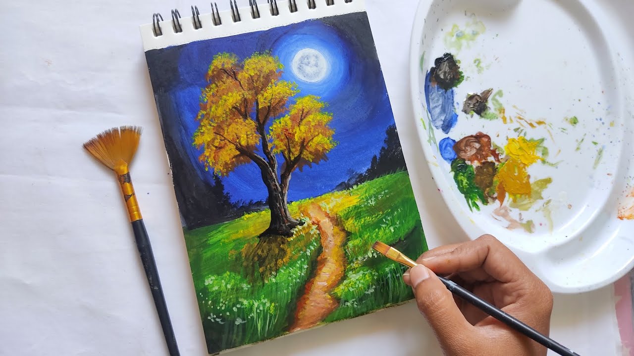 how to paint moonlight scenery | acrylic painting step by step 🎨 - YouTube