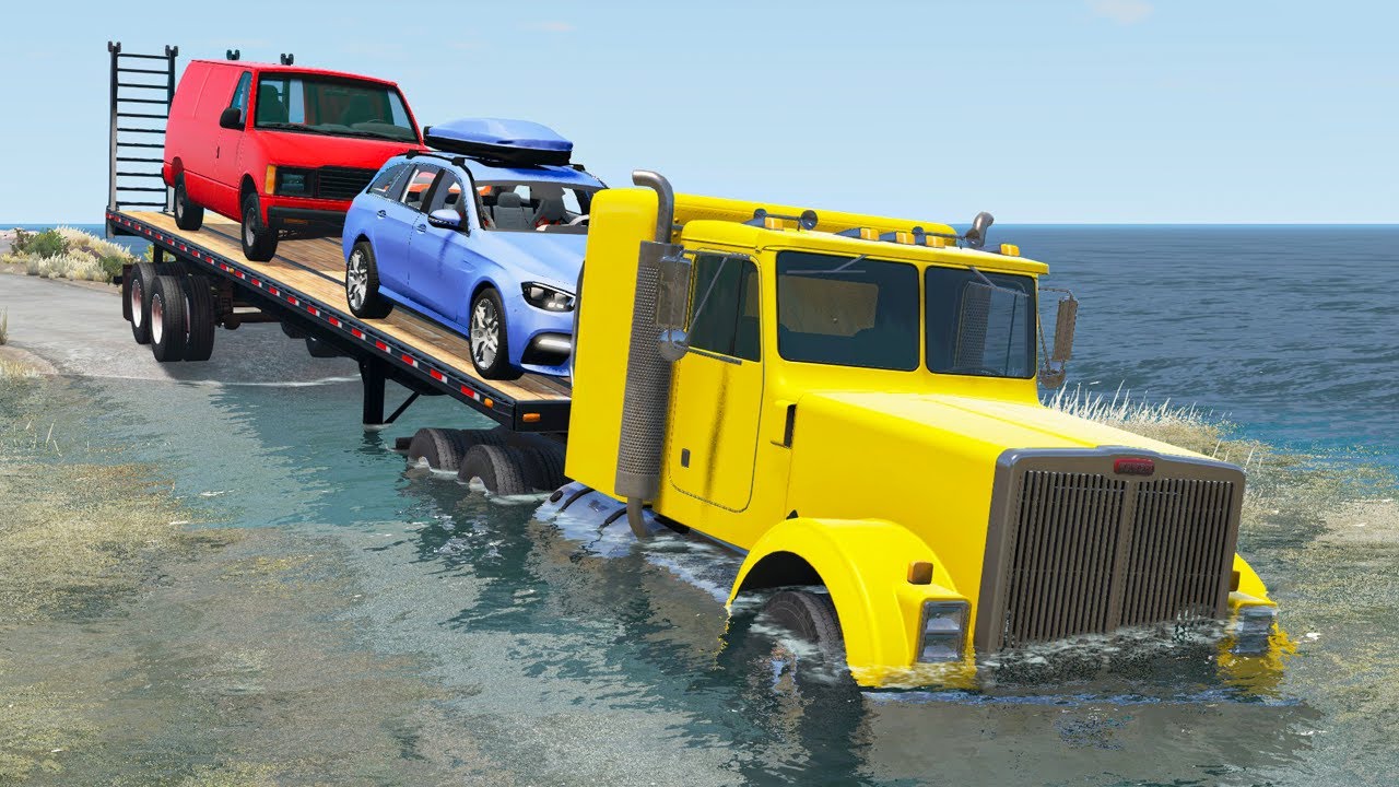 Long Transporter Truck Car Rescue - Cars vs Deep Water - BeamNG.Drive ...