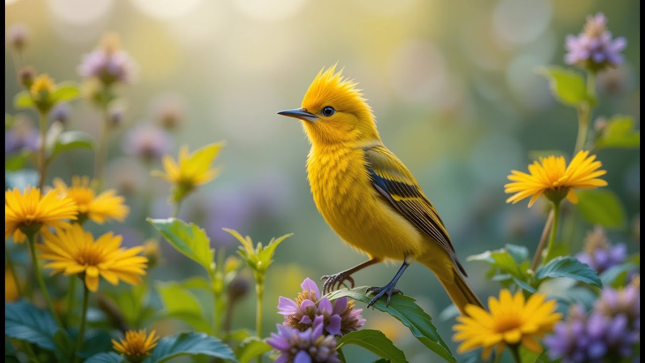 Yellow Finch Among Flowers 🌸 Calming Birdsong & Nature Sounds for ...