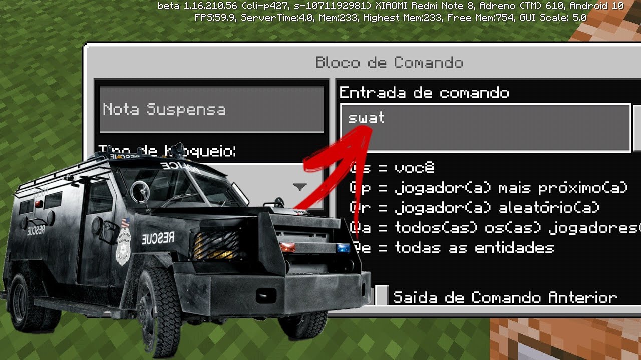 COMANDO DO CARRO DA SWAT NO MINECRAFT PE (COMMAND BLOCK) car swat ...