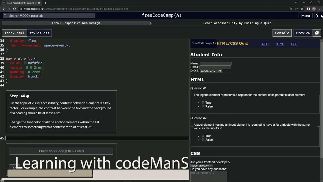 Learn2code Freecodecamp New Responsive Web Design Building A Quiz Step 46 Youtube