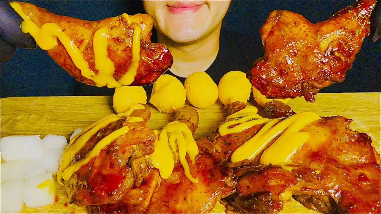 BBQ CHICKEN MUKBANG ASMR | 자메이카통다리치킨 🍗 | 황금알치즈볼 | EATING SOUND ...