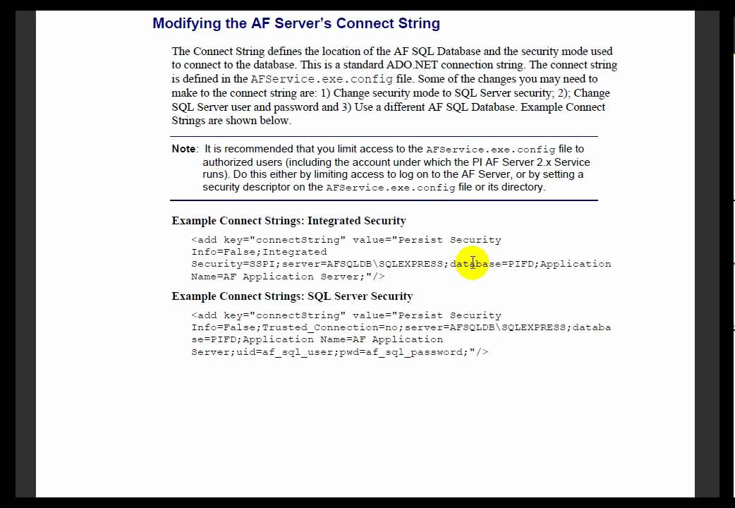 OSIsoft: Modify the AF Server to SQL Server connection string. v2010 - YouTube