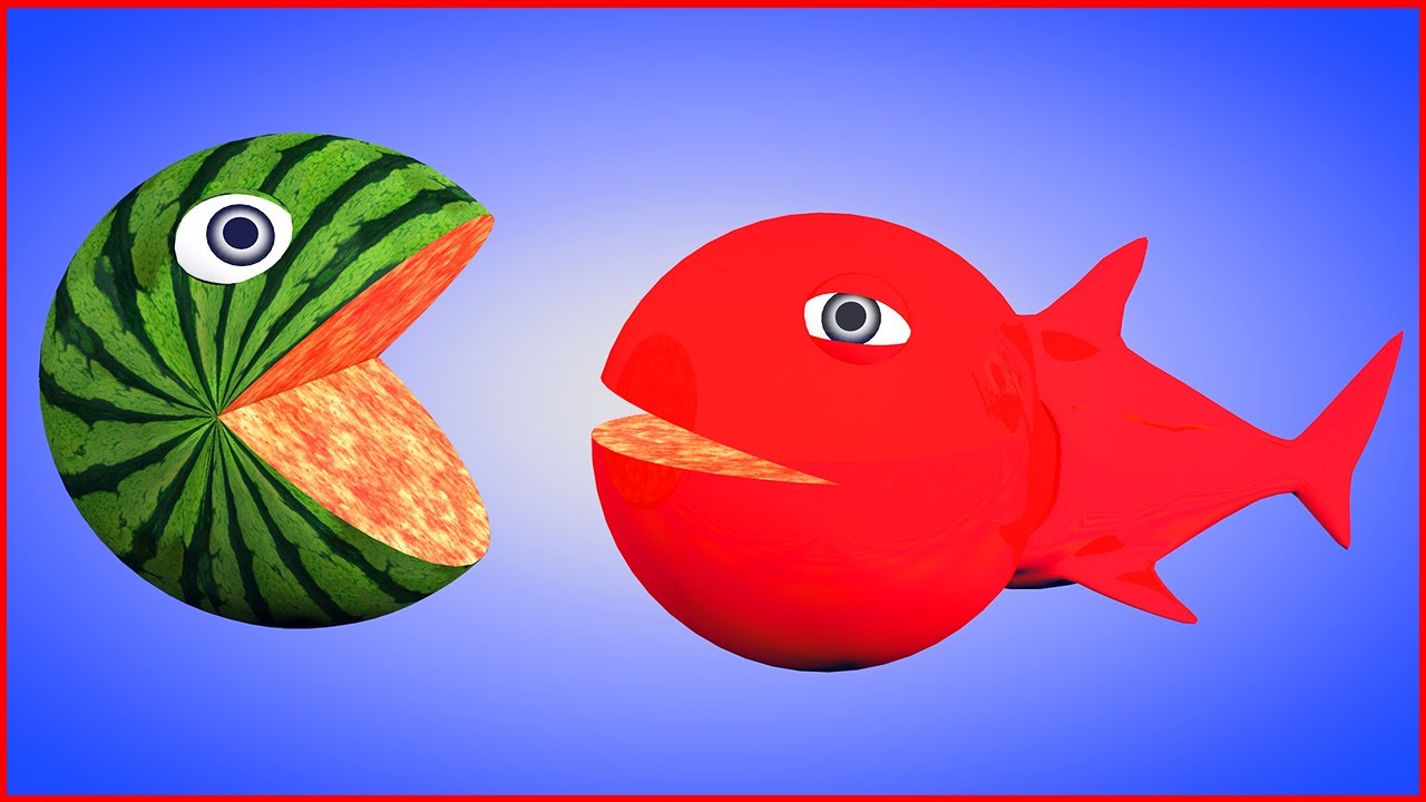 Learn Colors with Pacman watermelon meets a shark-PACMAN roll on river ...