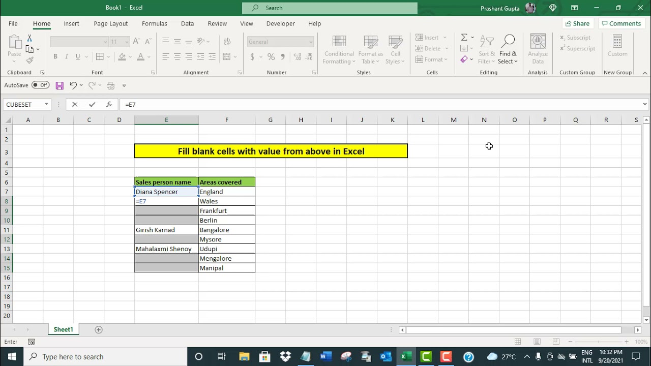 Fill Blank Cells With Value From Above In Excel YouTube Fill Blank Cells With Value From Above In Excel YouTube