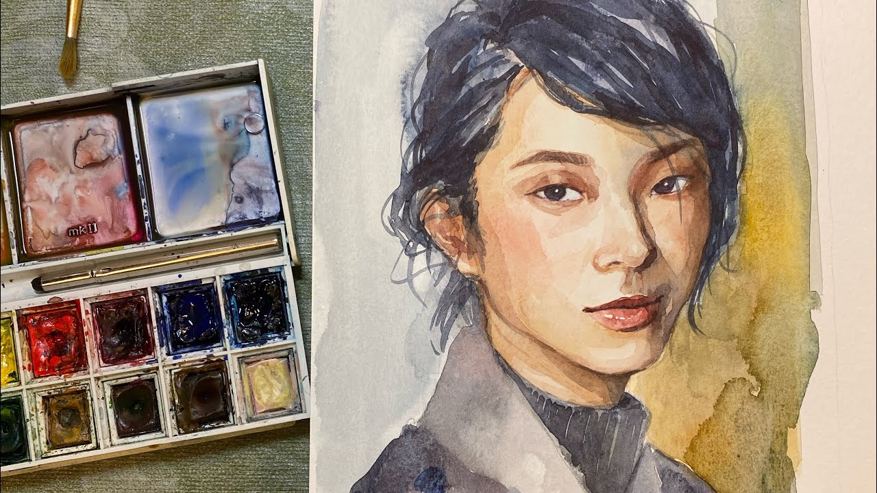 Watercolour lady portrait process - YouTube