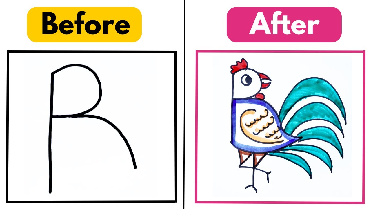 How To Draw Hen Drawing With R Alphabet | Easy Drawing Trick With ...