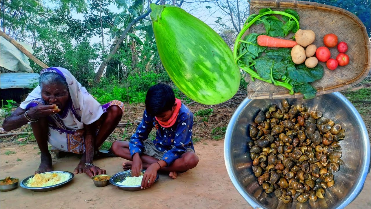 Amazing Snail With Brinjal Cooking & Eating 80 Years Old Grandma ||How ...