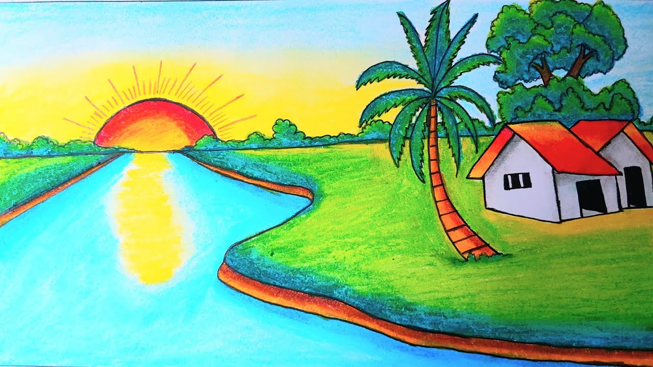 Beautiful village scenery drawing step by step | Prakritik drishya ...