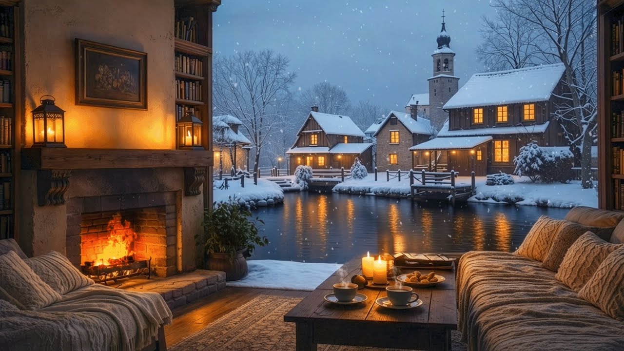 Cozy Bookshelf Fireplace ️ Snowy Canal Village Jazz Ambience - YouTube