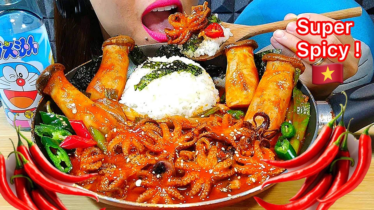 EATING SUPER SPICY OCTOPUS + KING OYSTER MUSHROOMS + HOT PEPPER + RICE ...