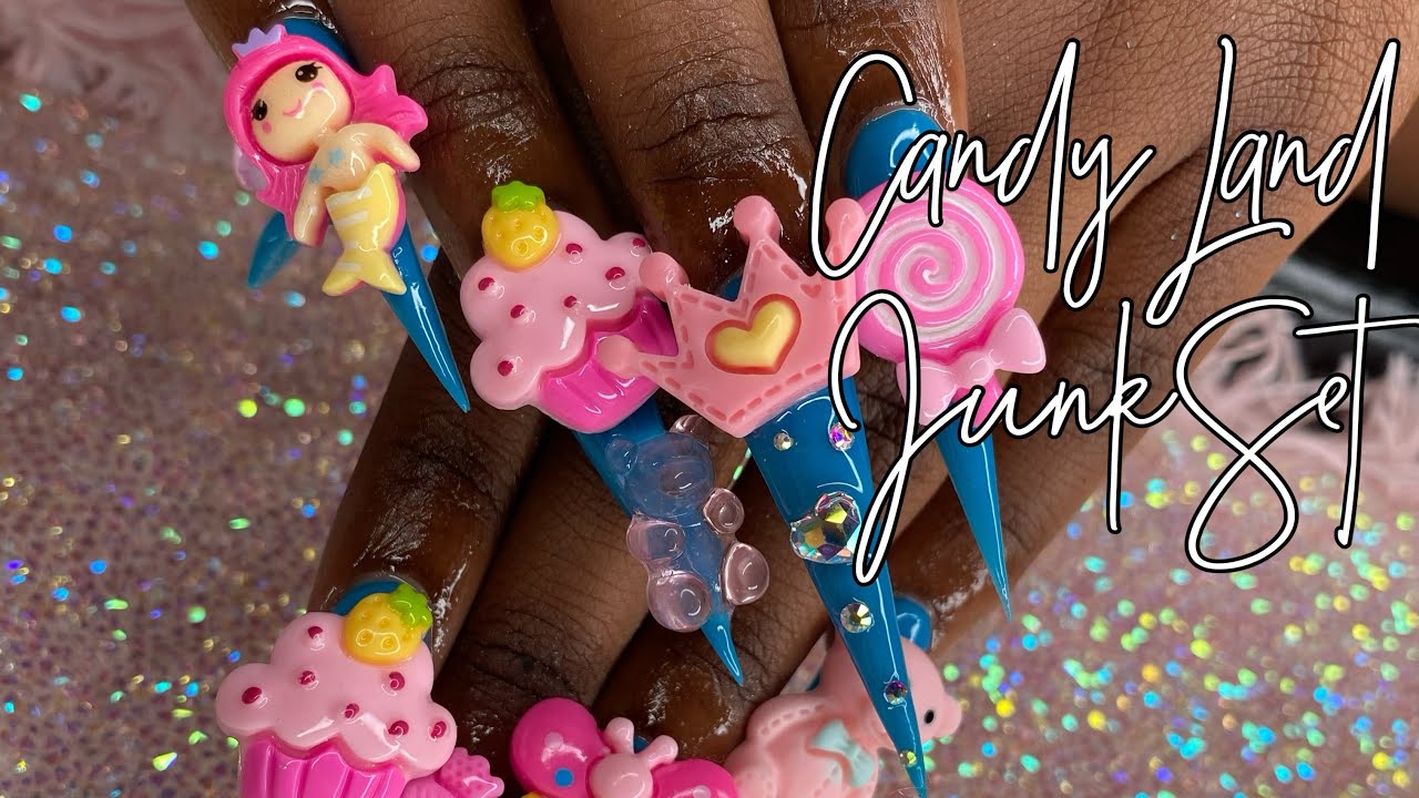 CANDY LAND JUNK NAIL TUTORIAL *ACRYLIC APPLICATION +SHAPING* - YouTube