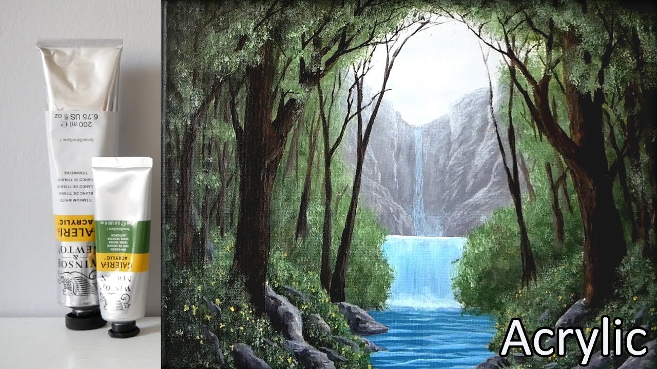 Painting a Misty Waterfall Landscape with Acrylics | Painting with Ryan ...