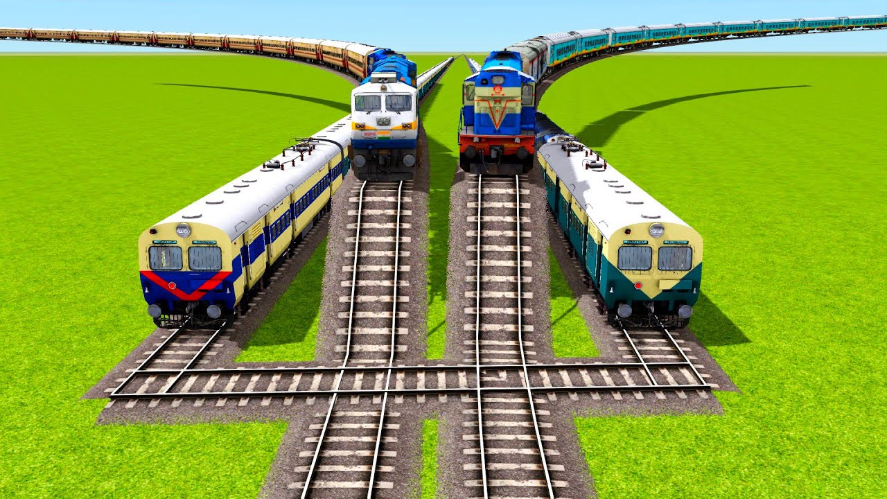 TWO SQUARE RAILWAY TRACKS MEMU TRAINS VS TWO FLYING RAILROAD TRACKS ...