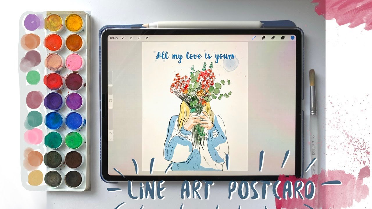 Simple line art postcard drawing in Procreate - digital tutorial step ...