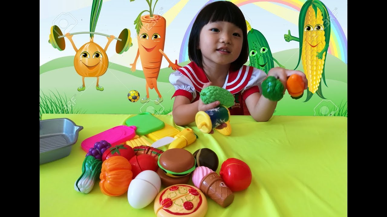 Learn names of fruits and vegetables with toy velcro cutting - YouTube