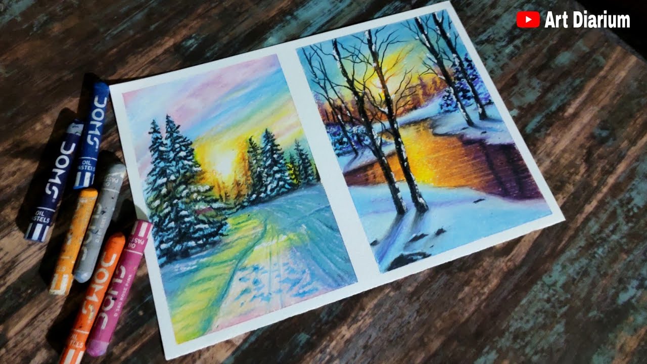 Snowy Winter Landscape painting with Oil Pastel Step by Step - for ...