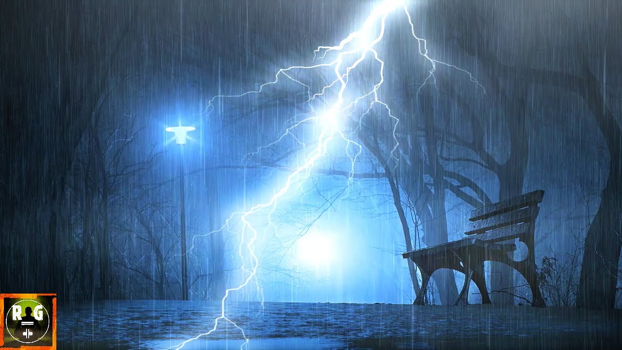 Heavy Rain and Thunder in a Park at Night | Thunderstorm Sounds for ...