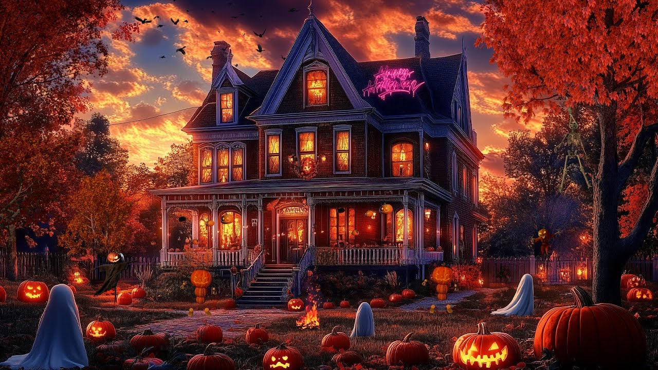 Cozy Autumn Haunted House Victorian Halloween Ambience with Firepit ...