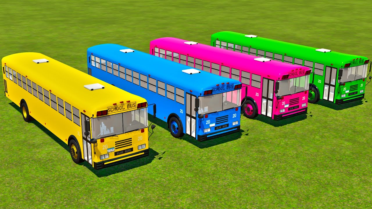 SCHOOL BUS OF COLORS! SCHOOL BUS TRANSPORTING! SCHOOL BUS RIDE Farming ...