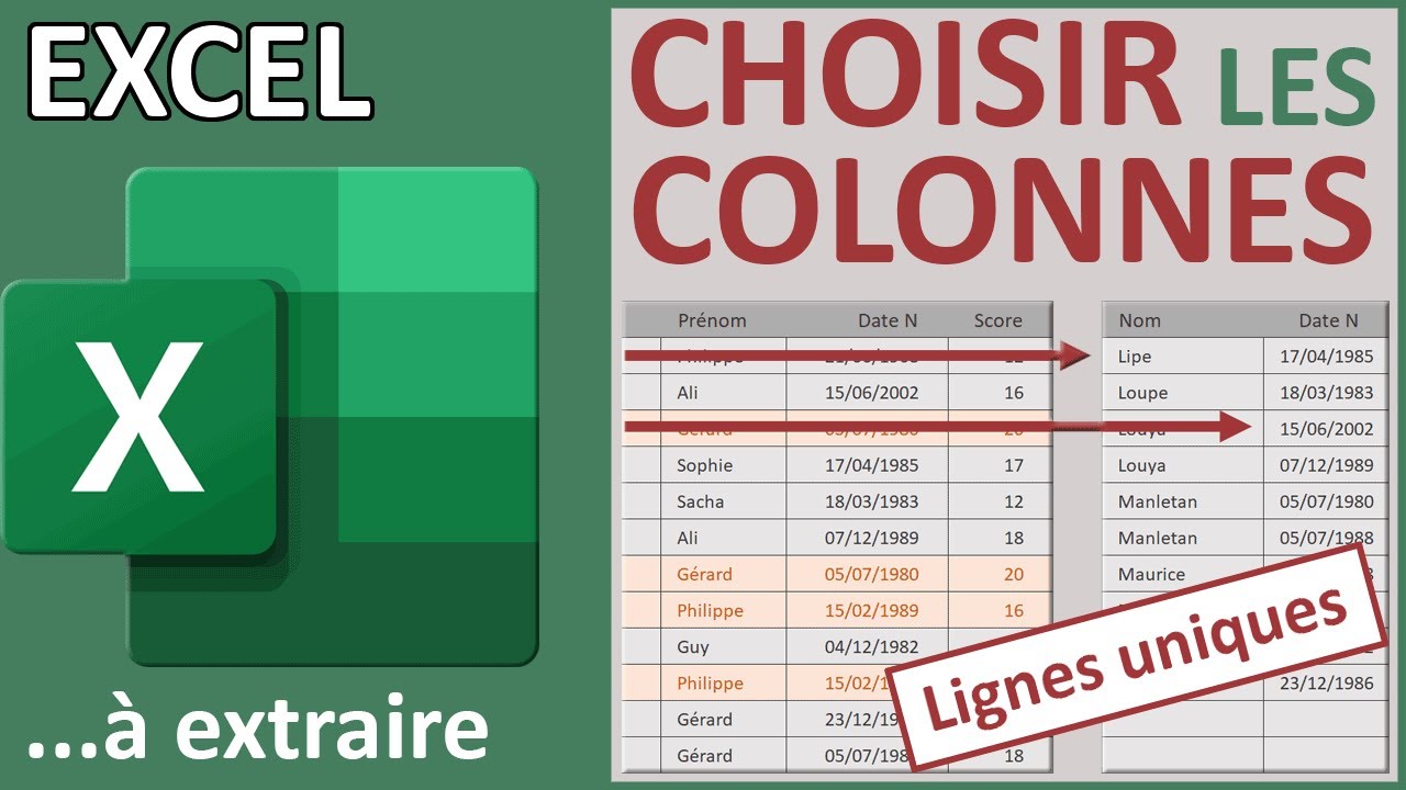 Extraire des colonnes choisies de valeurs uniques - YouTube