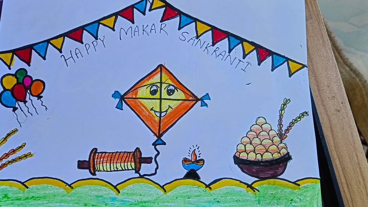 how to draw and colour properly# Makar sankranti drawing# with kite ...