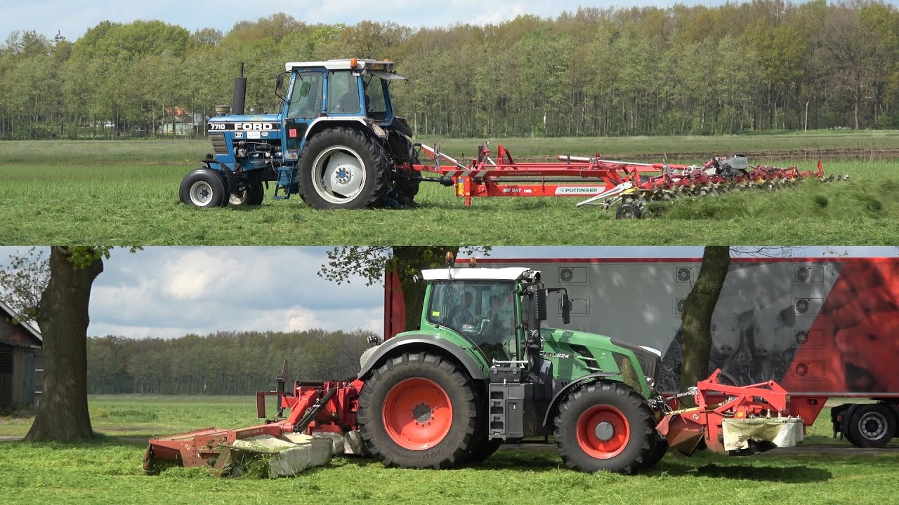 Gras maaien en schudden met Fendt 824 Vario en Ford 7710 Gen3 (2024 ...