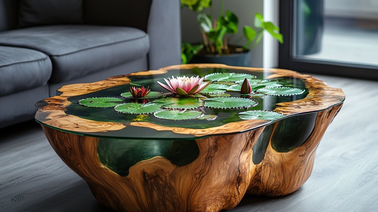 Wooden Coffee Table with Water Lily Pond Centerpiece | Natural & Modern ...