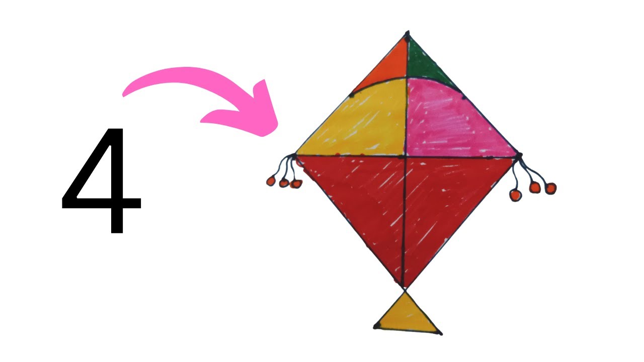 How To Draw Kite From Number 4 | Easy Kite Drawing From Number 4 | Kite ...