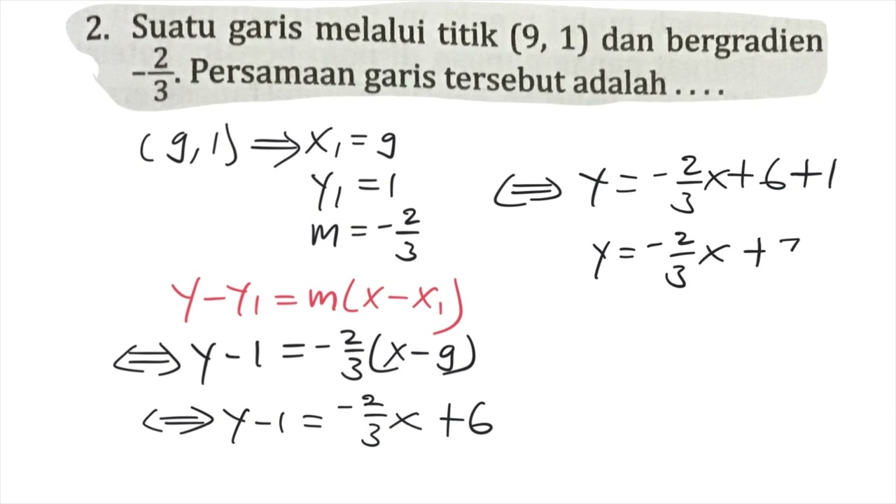 Suatu garis melalui titik (9,1) dan bergradien -2/3, persamaan garis ...
