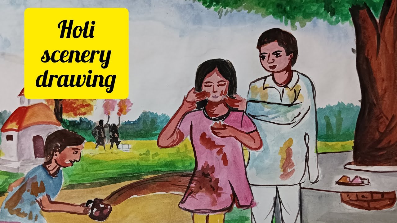 Holi scenery drawing in Water color || Holi scenery drawing in easy ...