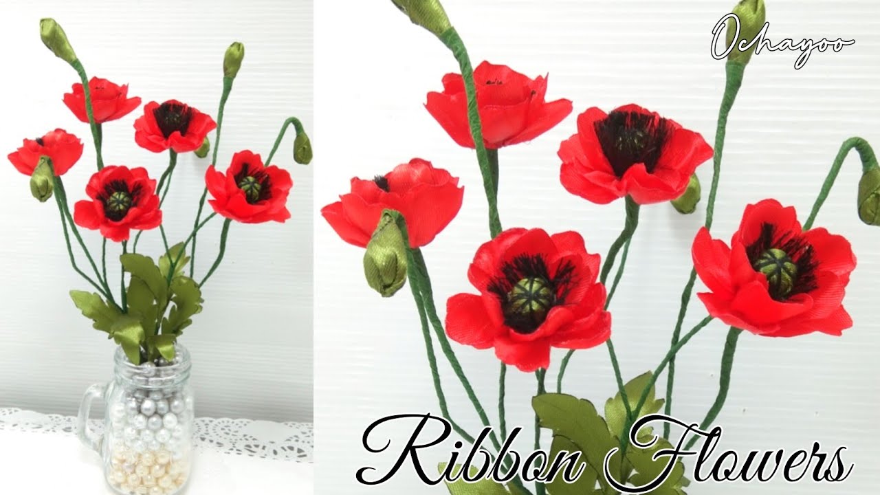 DIY/how to make satin ribbon flowers red poppy - YouTube