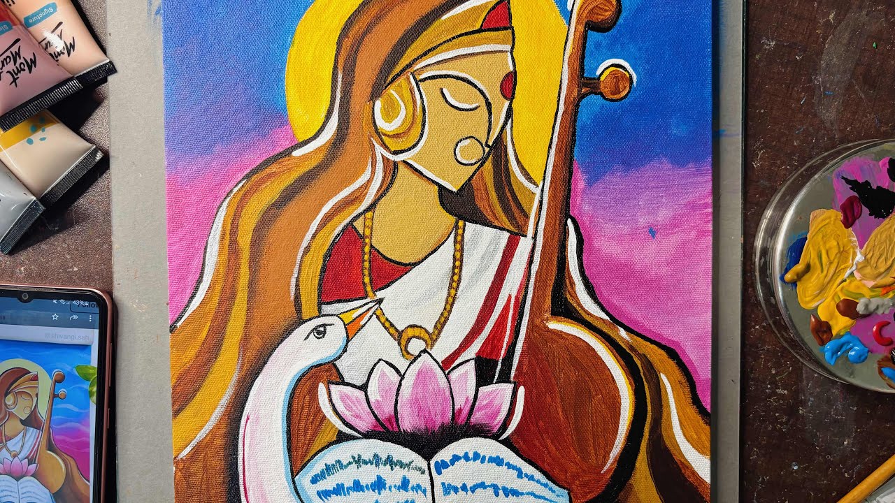 Saraswati Devi Drawing , Abstract Drawing, Outline Tutorial, Madhubani ...