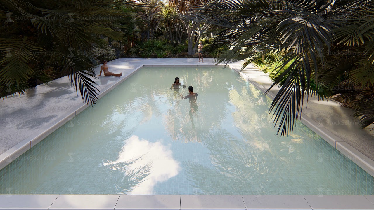 Beautiful swimming pool with bathing people, on a lost tropical island ...