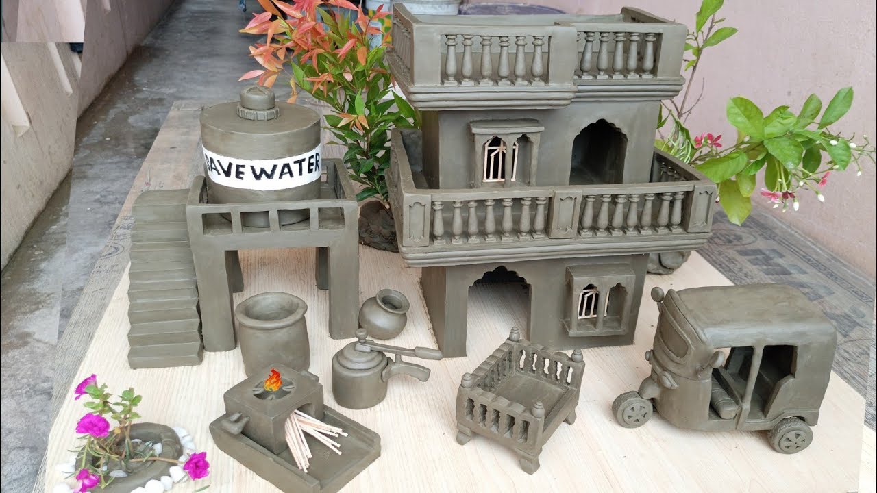 Build Miniature Clay House with Water Tank Auto Rickshaw Sofa And Mini ...