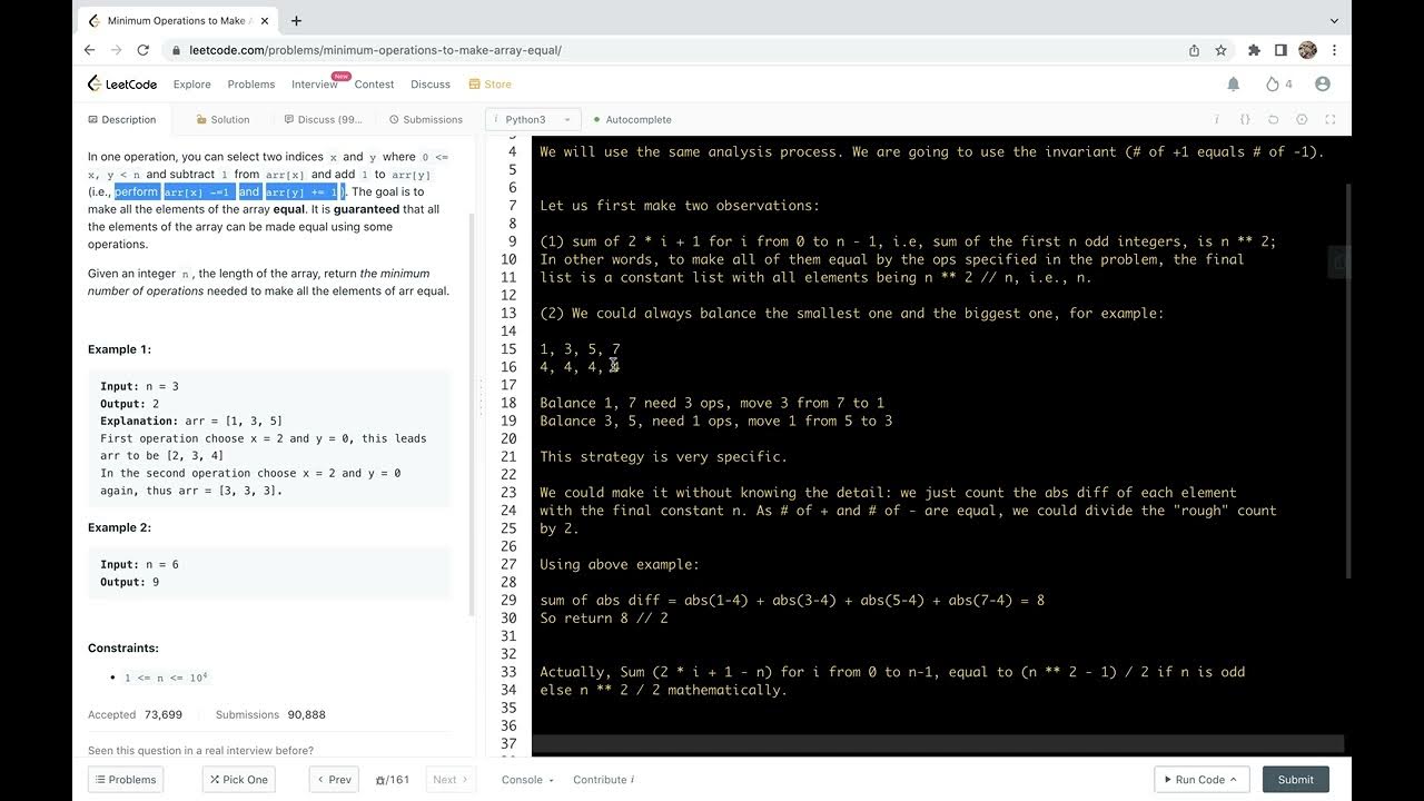 Leetcode 1551 Minimum Operations To Make Array Equal Observe The