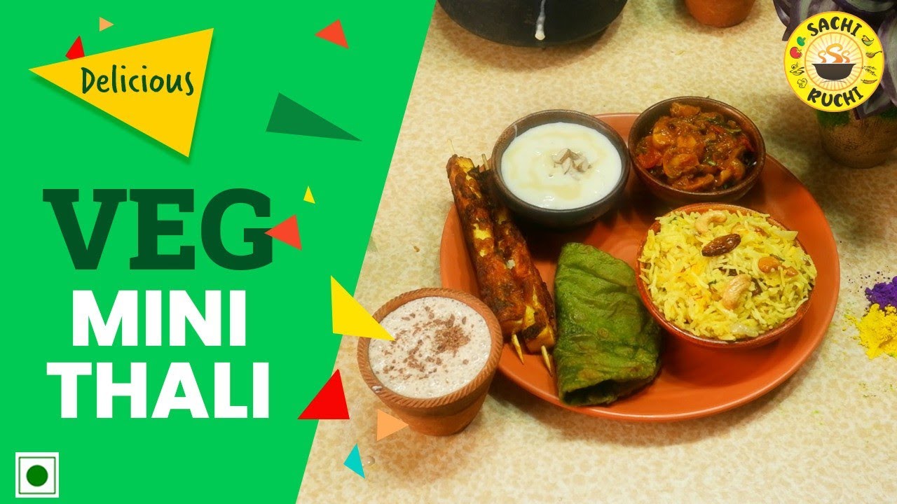 Veg mini thali |Ghee Kesar Rice |Palak Poori |Mushroom Masala |Paneer ...