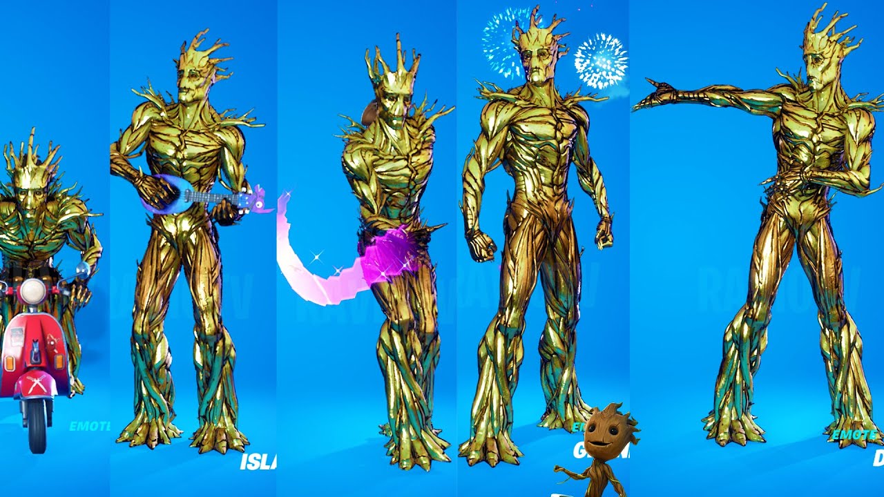 GOLD Groot Skin Showcase with all Popular Emotes & Dances - YouTube