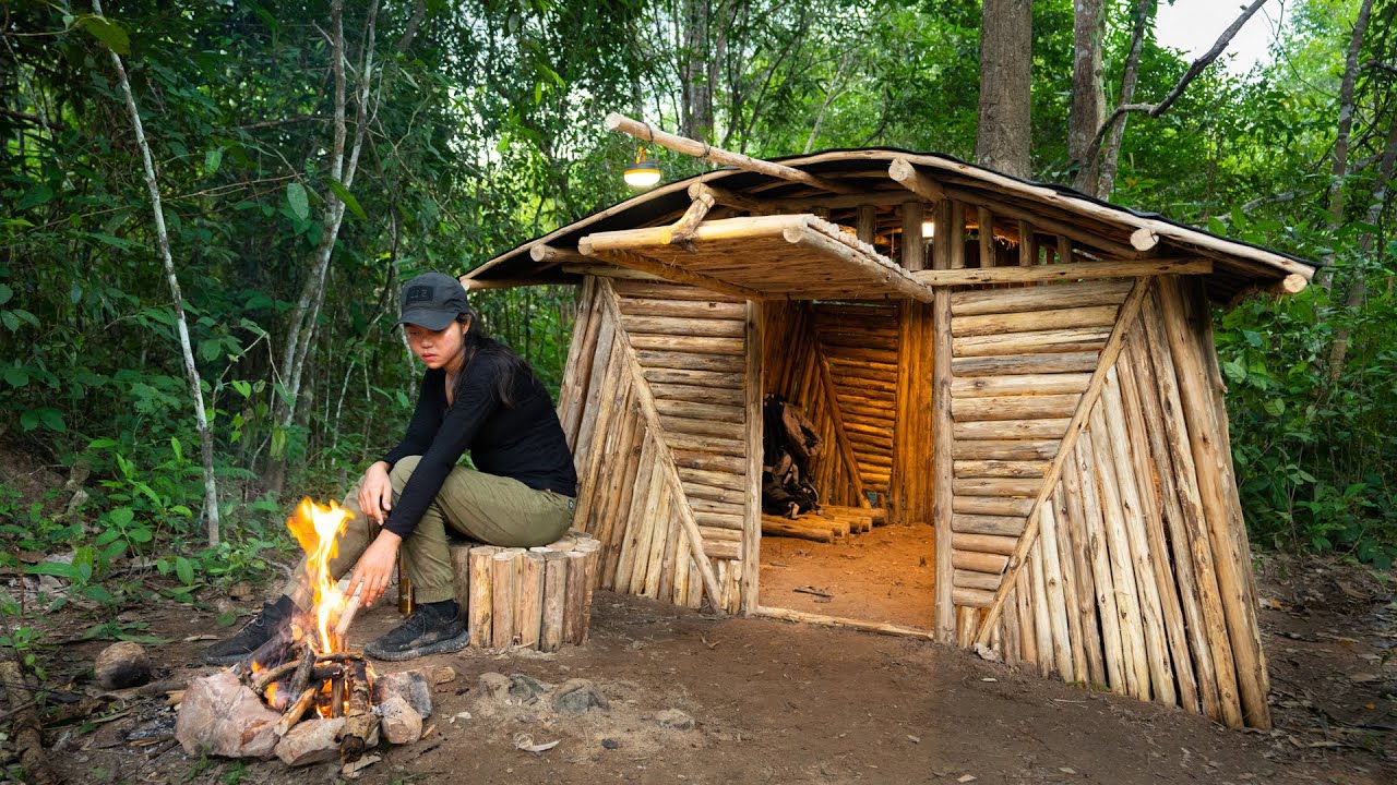 Girl Living Off Grid Build a Log Cabin House in the Wild - YouTube