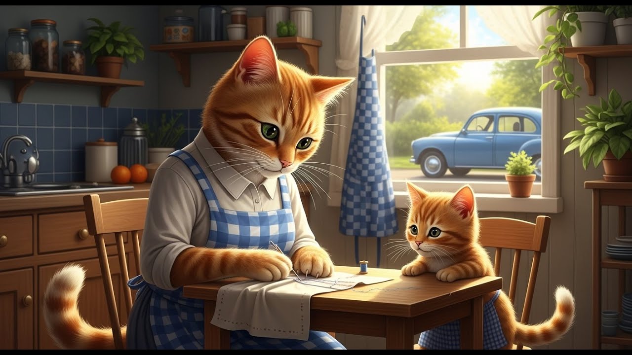 Mama Cat and Kitten Sew a Broken Apron Back with Love - YouTube