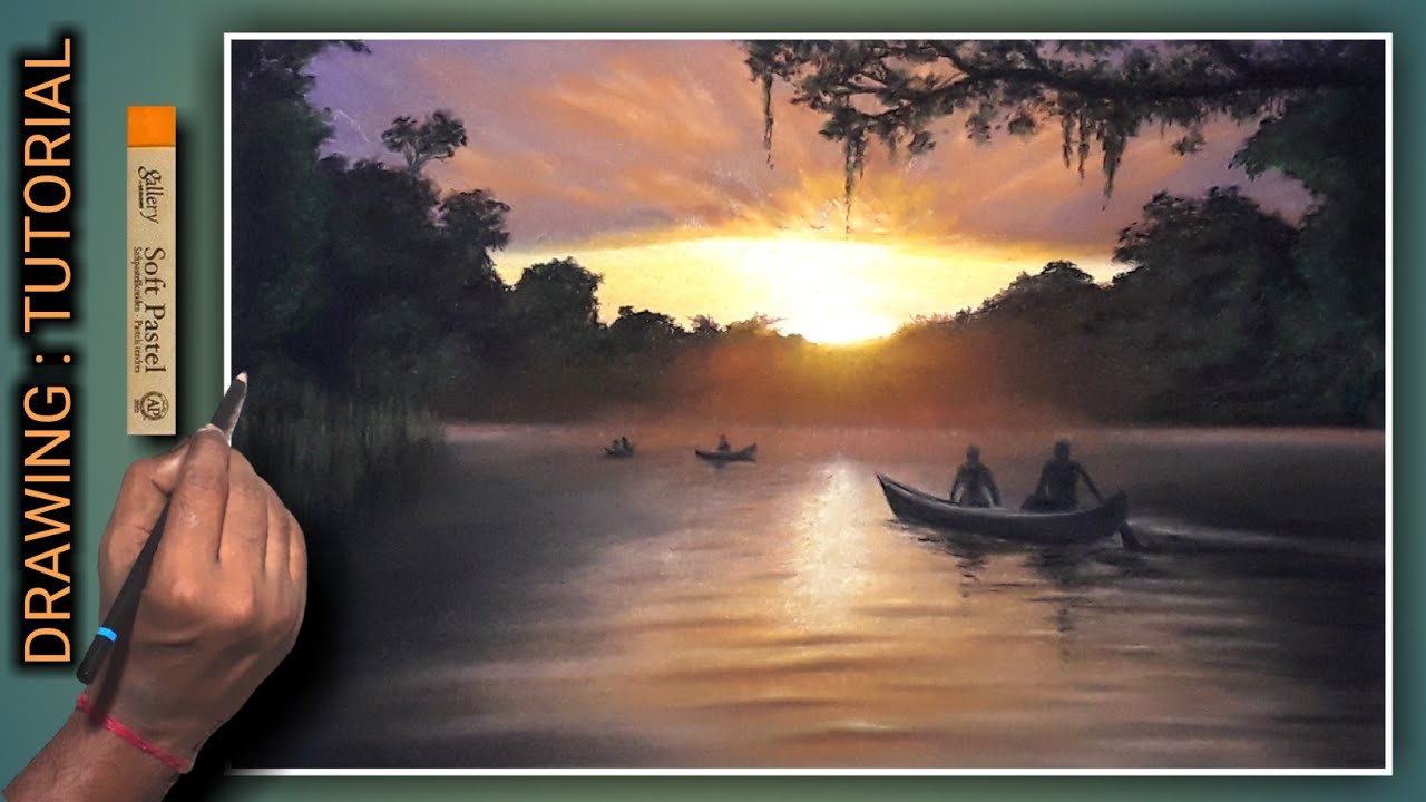Sunset River Boating, Boat Sunset Painting | Sunset Nature Scenery ...