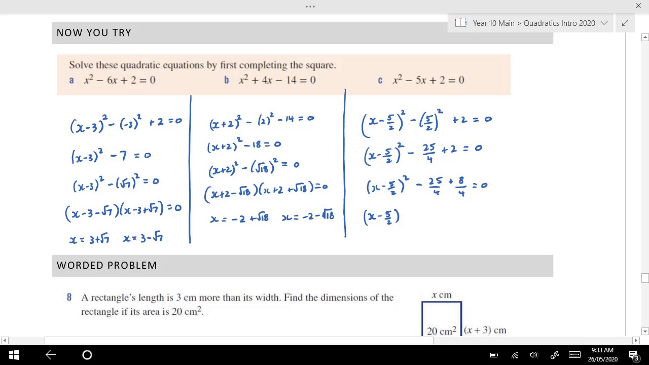 Year 10 Main 5H Solving equations by completing the square - YouTube