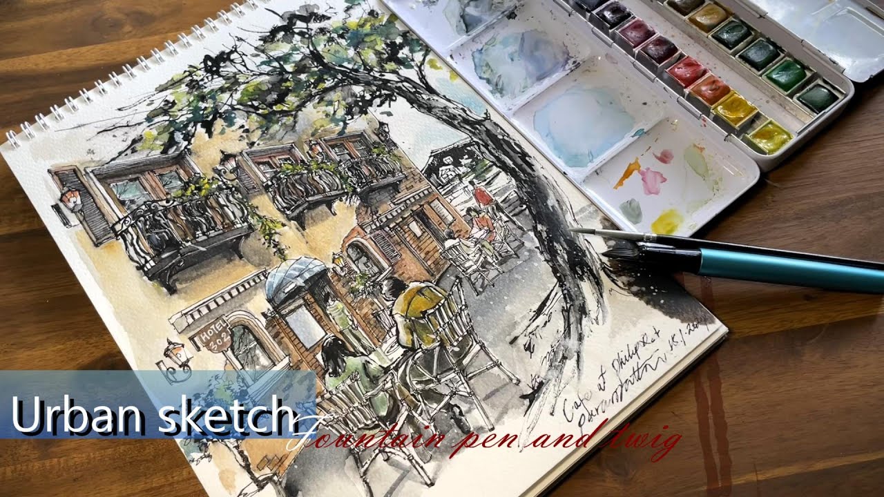 Urban sketch, Cafe drawing, easy water colour painting - YouTube